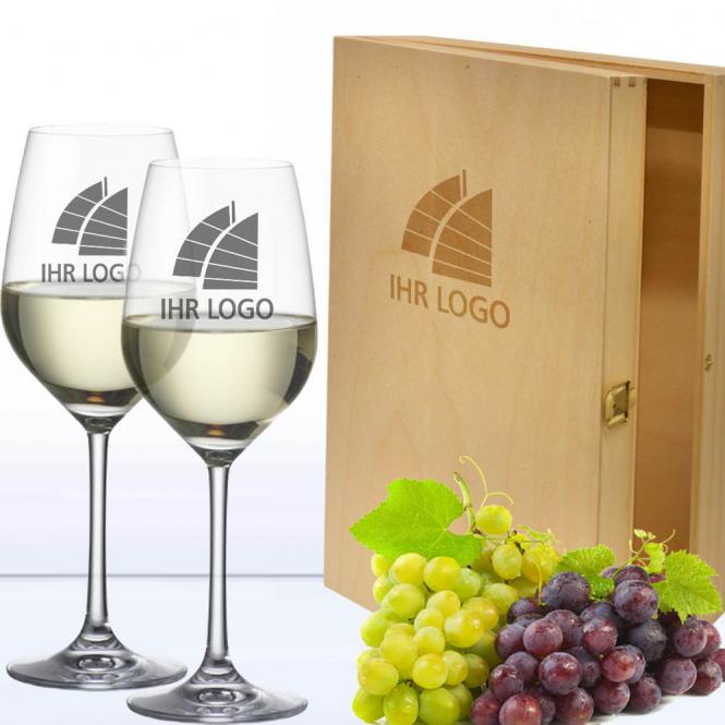Weißwein-Geschenkset mit Holzkiste und Logo